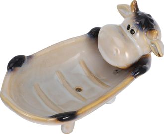 Angoily Keramik Seifenschale mit Abfluss Doppelst&ouml;ckig Tiermotiv Kuh Badezimmer Seifenhalter Soap Container Langlebig und Praktisch f&uuml;r Sichere Seifenaufbewah