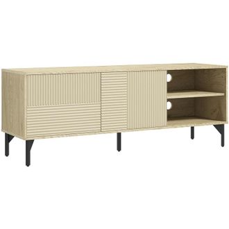HOMCOM Homcom - Meuble tv banc tv design Urban Craft - 2 portes, 2 &eacute;tag&egrave;res, 2 niches - pi&egrave;tement acier noir - aspect ch&ecirc;ne clair