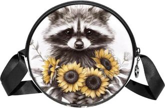 Generic Petit sac &agrave; bandouli&egrave;re circulaire pour femme, motif tournesol raton laveur avec fermeture &eacute;clair, bretelles r&eacute;glables, sac &agrave; main rond d&eacute;contract&eacute; po