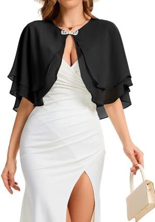 Bbonlinedress Boléro Cardigan Veste Elégant Chic Châle Gilet bouclé Court Femme en Mousseline de Soie pour Mariage Soirée à Deux Couches Black