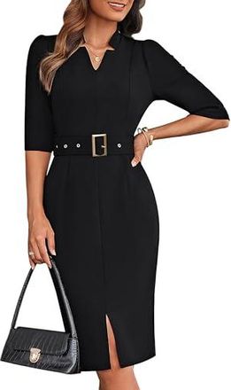 Grace Karin Robe pour femme avec col en V manches 3/4 Bodycon &Eacute;l&eacute;gant coupe ajust&eacute;e Robe de cocktail avec ceinture Robe daffaires formelle, Noir, XXL