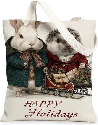Generic Sacs fourre-tout r&eacute;utilisables en toile motif lapin h&eacute;risson sacs d&eacute;picerie dhiver festifs l&eacute;gers lavables, blanc, 13x15 Inch