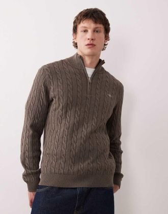 GANT Pullover aus Baumwolle in Braun mit Zopfmuster und kurzem Rei&szlig;verschluss-Brown
