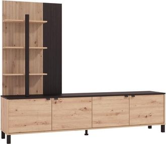 Vente-Unique Vente-Unique - Mur TV 4 portes 3 &eacute;tag&egrave;res - Dimensions 208x167x40cm - MDF m&eacute;lamin&eacute; naturel et noir - &Eacute;co-responsable fabriqu&eacute; en Europe