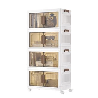 Songmics Aufbewahrungsboxen mit Deckel, Organizer mit 4 Ebenen, Stapelboxen auf Rollen, Plastikboxen, magnetische Tür, Ordnungsboxen, weiß-transparentes Braun,