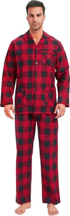 Global Herren Schlafanzug Flanell Herren Pyjama Set Lang Baumwolle Herren Zweiteilige Nachtw&auml;sche Loungewear Schlafanzughose Lang Gummizug und Kordelzug Rot/