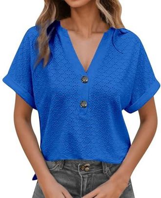 Generico Chemisier d&eacute;t&eacute; &eacute;l&eacute;gant &agrave; manches courtes pour femme avec col en V et boutons, bleu, XXL