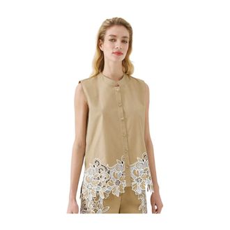 Access Fashion Access Fashion, Femme, Tops, Vert, Taille: 36 FR D&eacute;bardeur en coton &agrave; ourlet festonn&eacute;