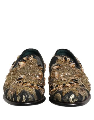 Dolce & Gabbana Mens Black Velvet Embellished Dress Loafers Shoes Leather
