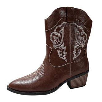Generic Bottes de cowboy courtes occidentales pour femmes, bottes d&eacute;quitation brod&eacute;es cousues &agrave; talon bloc bout pointu bottine large mollet &agrave; enfiler bottes d