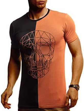 LEIF NELSON LN4670 T-shirt dété à col rond pour homme Coupe ajustée En coton basique Motif tête de mort Manches courtes, noir/marron, XXL