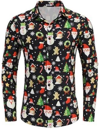 Coofandy Chemise No&euml;l Homme Imprim&eacute; D&eacute;contract&eacute;e Manche Longues Design Festif Funky Christmas Print Noir XL