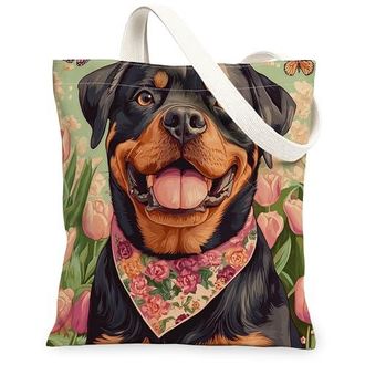 Generic Spring Rottweilers Sac fourre-tout en toile pour le shopping 33 x 38 cm, sac &agrave; bandouli&egrave;re r&eacute;utilisable pour femme, peinture danimaux domestiques, d&eacute;c
