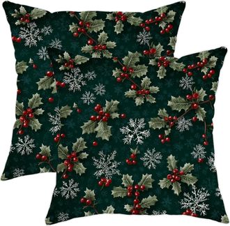 Generic Weihnachts-Kissenbez&uuml;ge, 2er-Set, dunkelgr&uuml;ne Stechpalmen- und Schneeflocken-Kissenbez&uuml;ge, festliche dekorative quadratische Heimdekoration f&uuml;r Sofa, 