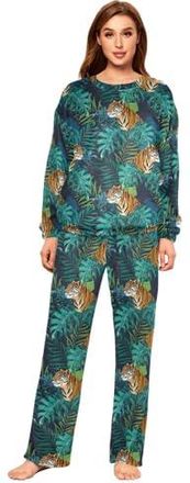 Mnsruu Pyjama pour femme Feuilles de palmier tropicales et tigre Ensemble de pyjama pour femme Haut à cordon de serrage Poches Pantalon Pyjama pour femme Vêt