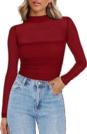 Zeagoo Haut en maille pour femme - Transparent - Col rond - Manches longues - Sexy - Pour fête - Coupe ajustée, rouge, S