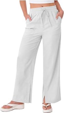 Generic Palazzo Pantalon d&eacute;t&eacute; long en lin pour femme - Taille haute - Pantalon de loisirs - Pantalon en coton et lin - &Eacute;l&eacute;gant - Pantalon d&eacute;t&eacute; l&eacute;ger et a&eacute;r&eacute; -