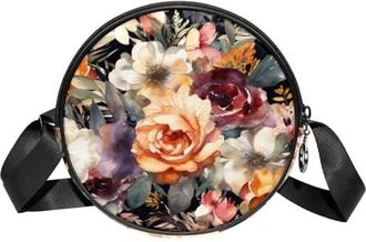 Generic Petit sac &agrave; bandouli&egrave;re circulaire pour femme, motif feuilles florales, sac &agrave; dos avec fermeture &eacute;clair, bretelles r&eacute;glables, sac &agrave; main rond d&eacute;contra
