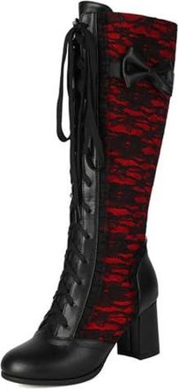 Generic Bottes déquitation élégantes à lacets avec noeud patchwork et bout rond pour femme, Rouge, 37.5 EU