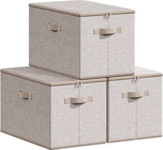 Songmics Aufbewahrungsbox mit Deckel, faltbare Stoffbox mit Griffen, Aufbewahrung f&uuml;r Kleidung, Vliesstoff, 3er Set, 50 x 30 x 30 cm, sandbeige RZB050LZ04