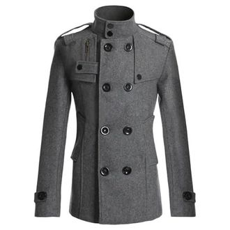 Generic Trench pour homme &agrave; double boutonnage col montant printemps hiver coupe ajust&eacute;e d&eacute;contract&eacute; chaud doux mi-long, gris, 3XL
