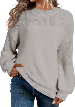 Generic Pull décontracté à manches longues et col rond en tricot uni pour femme, col rond, manches longues, pull tendance dautomne, gris, XXL