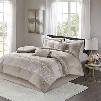 Madison Park Luxury Comforter Set-Traditional Jacquard Design All Season Down Alternative Bedding, Matching Bedskirt, Decorative Pillows, King(104x92), AVA, Pieced