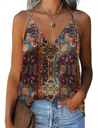 Zeagoo Damen Satin Cami Top Unterhemden Spaghettitr&auml;ger Basic Top Verstellbarer Spaghetti Strap V-Ausschnitt Camisole Tank Top Boho L