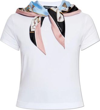Dolce & Gabbana Femme, Tops, Blanc, Taille: 38 FR T-shirt en jersey avec foulard imprim&eacute;