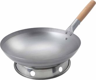 Santos Wok aus Carbonstahl &Oslash; 33 cm - mit Holzgriff & Edelstahl-Wokring - Perfekt f&uuml;r asiatische Gerichte - Optimale Hitzeverteilung & hohe Temperaturbest&auml;ndi