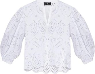 Etro Femme, Blouses et Chemises, Blanc, Taille: 36 FR Blouse en dentelle Broderie Anglaise avec motifs cachemire et coeurs