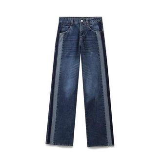 Generic Jean &agrave; jambes larges taille moyenne for femme, pantalon en Denim classique droit ample, pantalon taille haute polyvalent(xs)