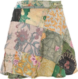 Guru Shop Weit Schwingender Patchwork Wickelrock, Minirock, Boho Upcyceling Baumwoll-Sommerrock - Grün/bunt, Damen, Baumwolle