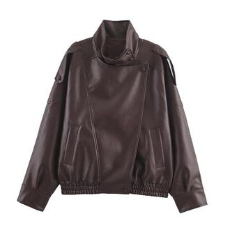 Generic Veste bomber surdimensionn&eacute;e en cuir synth&eacute;tique pour femme Col haut Fermeture &eacute;clair Ourlet &eacute;lastique, marron, M