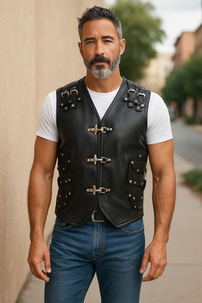 Infinity Leather Schwarze Biker-Lederweste f&uuml;r Herren mit Metallschnallen - Pinetown