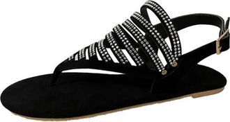 Generic Tongs pour femme avec strass - Sandales en cuir de couleur unie avec barre en T - Sandales romaines plates avec sangle de cheville - Chaussures de mar