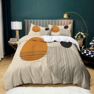 Generic Beige Bettw&auml;sche 180x200 geometrische Linien und Kreise Bettbezug Druck Bettw&auml;sche 3 Teilig, Weiche Gem&uuml;tlich Mikrofaser Bettw&auml;sche Set mit Rei&szlig;versch