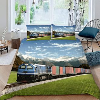 Generic Bettw&auml;sche 155x220 Zug Bettbezug 3D Druck Oldtimer-Zug Bettbez&uuml;ge Kuschelig Weich Mikrofaser Deckenbezug 155x220 cm mit Rei&szlig;verschluss + 2 Kissenbez&uuml;g