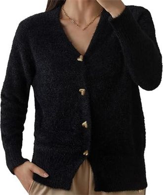 Generic Cardigan en laine pour femme avec boutons et col en V, noir, Taille XS