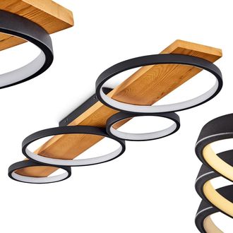 HOFSTEIN LED Deckenleuchte Rodekro, dimmbare Deckenlampe aus Metall/Holz in Schwarz/Natur, &uuml;ber herk&ouml;mmlichen Lichtschalter dimmbar, moderne Leuchte mit Holzba