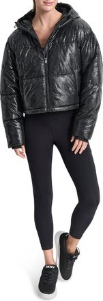 DKNY Womens Embossed Crosswalk Print Cropped Puffer Jacket, Black, M