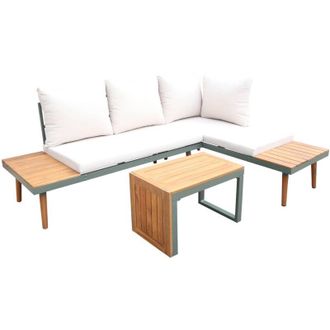 Sweeek Sweeek - Salon de jardin modulable 4 places - Structure en bois dacacia et aluminium - Dimensions 140 x 68 x 65cm - Kaki fonc&eacute; / Beige
