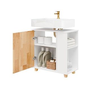 SoBuy Meuble sous lavabo Salle de Bain - Meuble sous Vasque avec Siphon, 2 Portes & 2 niches Ouvertes - Placard de Rangement de Salle de Bain Compact Blanc 