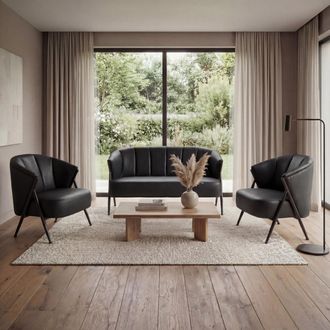 Mendler Wohnzimmer-Set HWC-P30, 2er-Sofa 2X Sessel, Vintage Retro Industrial Metall Kunstleder - schwarz