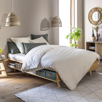 TERRE DE NUIT Terre De Nuit - Lit en bois massif naturel avec rangements 140x190 - LT17024