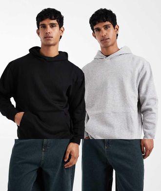 Asos Essentials - Lot de 2 sweats à capuche - Noir et gris-Multicolore