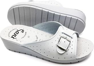 Sani Chaussons dété confortables en cuir véritable avec boucle réglable à bout ouvert, sandales sanitaires avec bandeau, Blanc, 39 EU