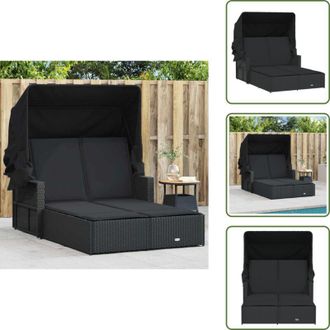vidaXL Doppel-Sonnenliege mit Dach und Auflagen Schwarz Poly Rattan - Doppel-Sonnenliege - Liege - Gartenm&ouml;bel - Outdoorm&ouml;bel - Pool Accessoire - The Living