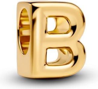 Pandora Buchstabe B Alphabet-Mini-Charm aus Sterling Silber mit 14 Karat Vergoldung, kompatibel Moments, Maße: 6,2 x 8,1 x 6,4 mm, 763948C00