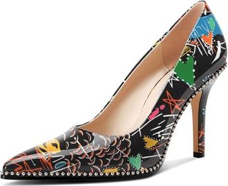 Castamere Femmes Fermé Pointu Bout Slip-on Haut High Aiguille Talon Heel Escarpins Décontracté Dress Chaussures 9 CM Heels Noir Gribouillis 39 EU